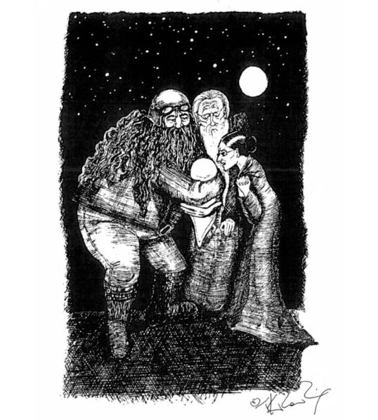 Hagrid, Dumbledore and McGonagall with baby Harry (J.K. Rowling sketch ...